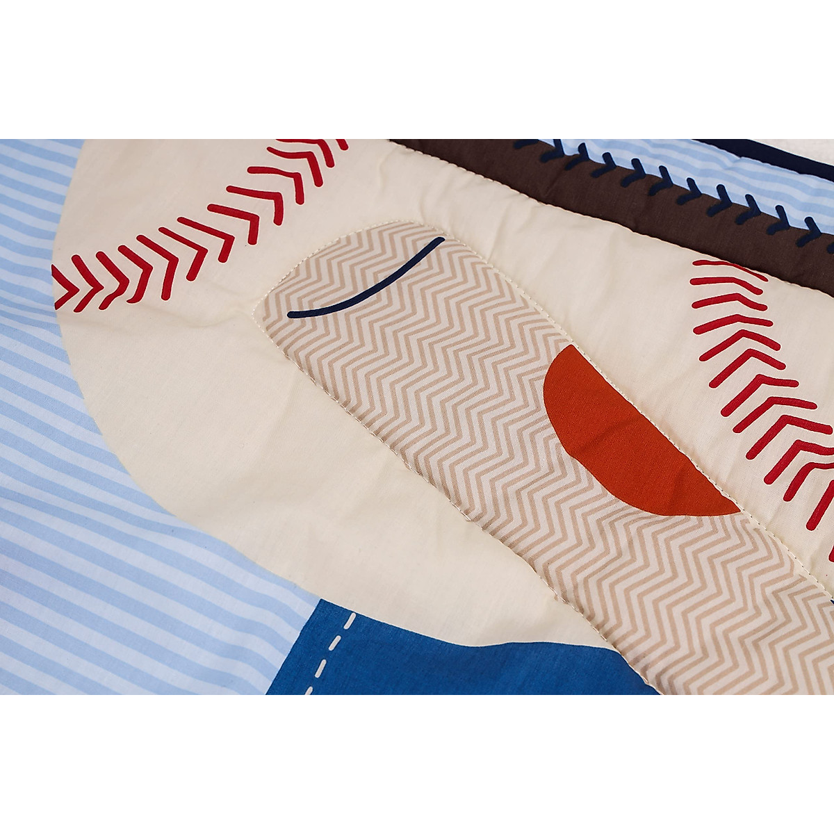 CribMATE 4 PCs Blue Sports Themed Nursery Crib Bedding Set Baby Boy 1 Quilt 1 Fitted Sheet 1 Diaper Organizer 1 Changing Pad Sheet Cot Bedding Set, Blue , Red , Brown , White, 28 X 52