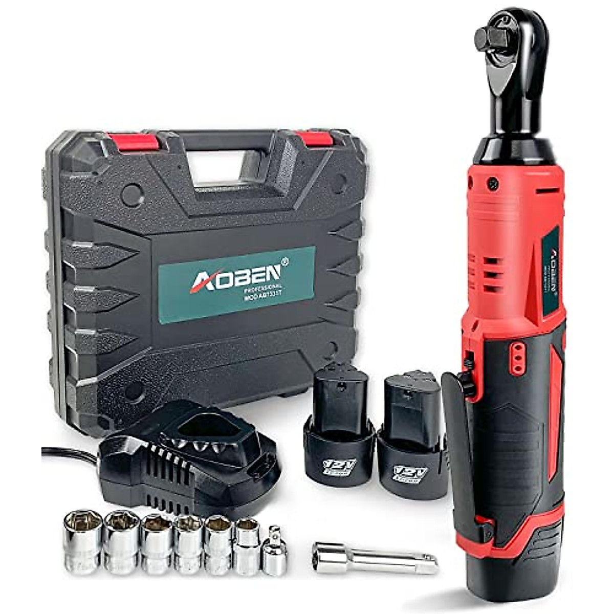 AOBEN Cordless Electric Ratchet Wrench Set, 3/8" 12V Power Ratchet Tool Kit With 2 Packs 2000mAh Lithium-Ion Battery And Charger