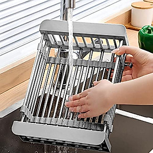 EJIE Expandable Sink Drying Rack, Dish Drying Rack Over The Sink, Kitchen Sink Drain Basket, Adjustable Expandable Stainless Dish Drying Rack, Gray
