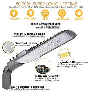 Brillirare 50W LED Parking Lot Lights with Dusk-to-Dawn Photocell Sensor, 7500LM 5000K Street Light with Adjustable Arm Mount, IP66 Waterproof Outdoor Commercial Area Road Lighting