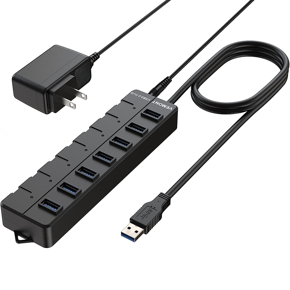 VEMONT USB hub,Computer Peripheral Equipment 7-Port USB 3.0 hub with 5V2A Power Adapter and Individual On/Off Switches,USB Charging hub 4ft/1.2m Long Cable