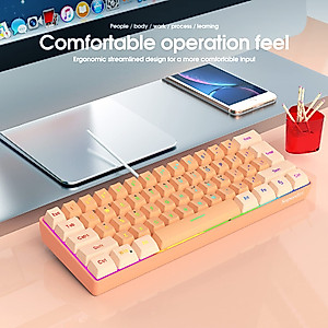 Snpurdiri 60% Wired Gaming Keyboard, RGB Backlit Ultra-Compact Mini Keyboard, Waterproof Mini Compact 61 Keys Keyboard for PC/Mac Gamer, Typist, Travel (Cream and Orange)
