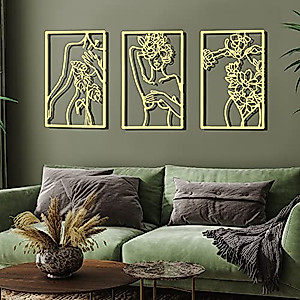 CHENGU 3 Pieces Metal Minimalist Abstract Woman Wall Art Line Drawing Wall Art Decor Single Line Female Home Hanging Wall Art Decor for Kitchen Bathroom Living Room (Gold, Simple Style)