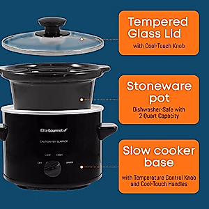 Elite Gourmet MST239X Electric Round Slow Cooker, Adjustable Temp, Entrees, Sauces, Stews & Dips, Dishwasher Safe Glass Lid & Crock, 2 Quart, Black