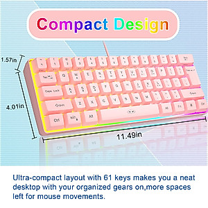 60% Wired Gaming Keyboard, RGB Backlit Ultra-Compact Mini Keyboard, Mechanical Feeling Membrane Mini Compact 61 Keys Keyboard for PC/Mac Gamer, Typist, Travel, Easy to Carry on Business Trip(Pink)