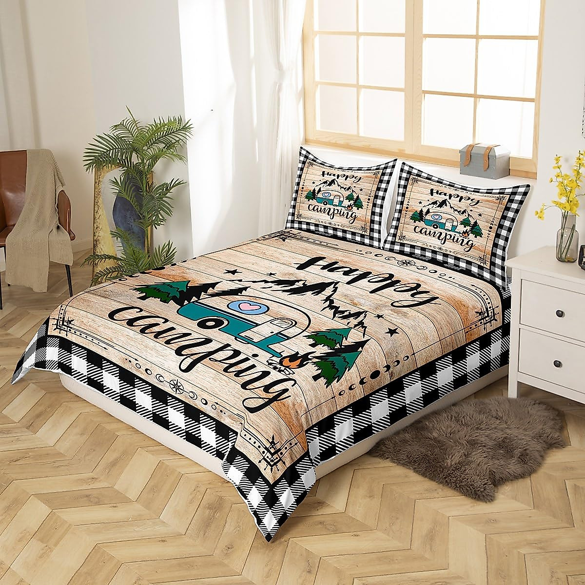 Camp Travel Car Duvet Cover Balck and White Buffalo Plaid Queen Bedding Sets for Girls, Camping Decor for Camper Comforter Cover, Vintage Brown Barn Door Plank Cottage Cabin Farmhouse Decor