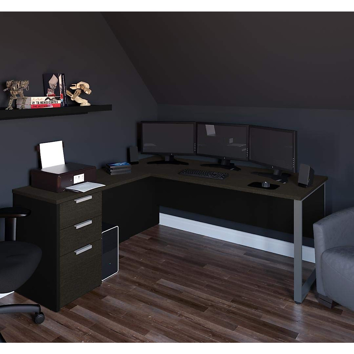 Bestar Pro-Concept Plus L-Shaped Desk with Drawers, Deep Grey & Black