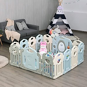 CHEFJOY Baby Playpen Kids 14 Panel, Safety Yard Activity Center, Door with Safety Lock & Lovely Toys, Portable HDPE Indoor Outdoor Play Fence with Non-Slip Rubber Suction Cup