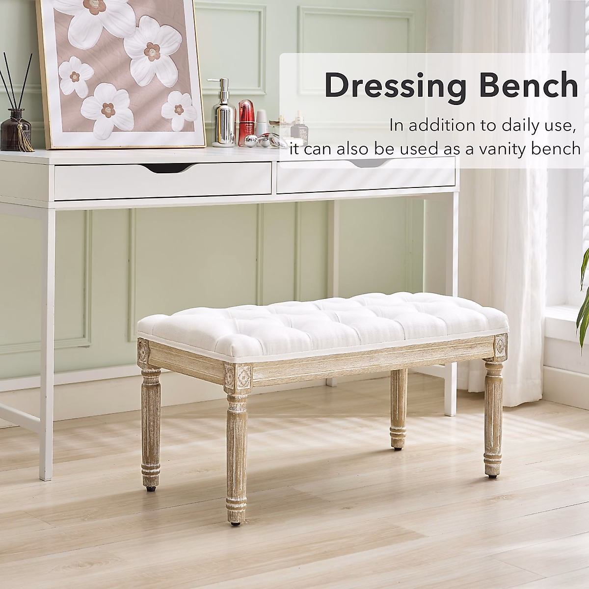 LOULENS French Vintage Bench, Linen Fabric Entryway Bench, Upholstered Tufted End of Bed Bench with Brushed Wood Legs, White