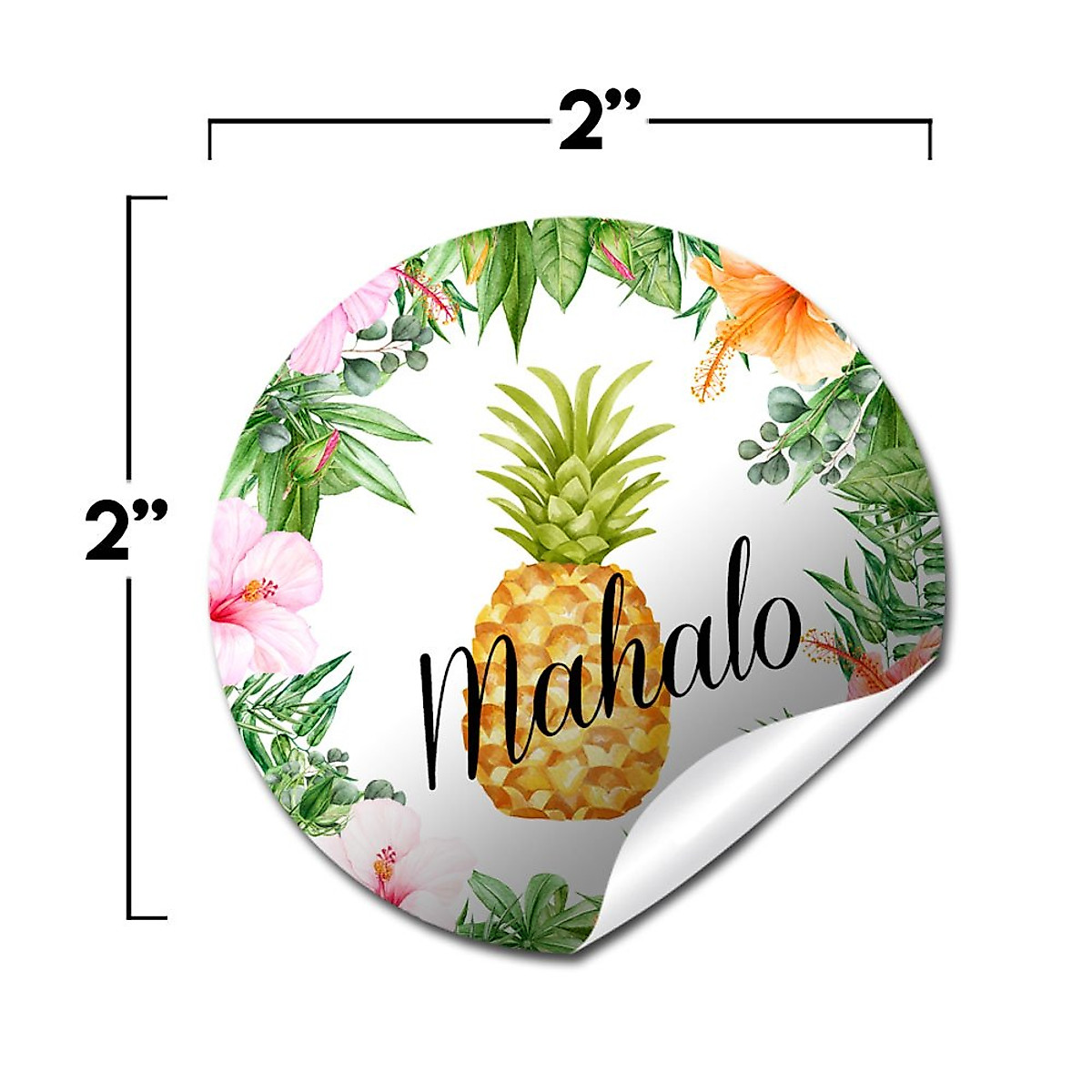 Watercolor Pineapple Mahalo Thank You Sticker Labels, 40 2" Party Circle Stickers by AmandaCreation, Great for Party Favors, Envelope Seals & Goodie Bags