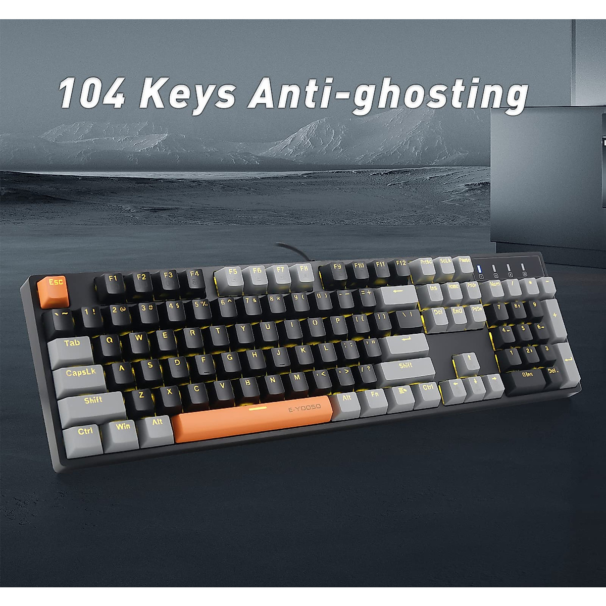 E-YOOSO Z-14 Mechanical Gaming Keyboard Brown Switches 104 Key, Full-Size Computer Keyboards, Solid Yellow Backlit Keyboard for PC Gamer, Black&Grey