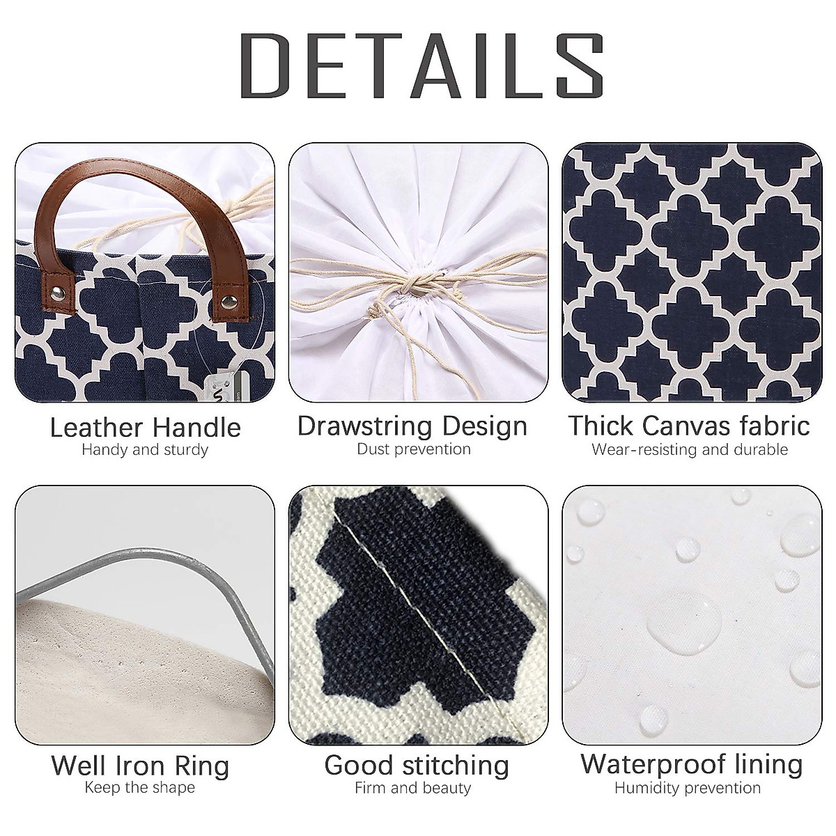 Sea Team Moroccan Lattice Pattern Canvas Fabric Storage Basket Collapsible Geometric Design Storage Bin with Drawstring Cover and PU Leather Handles, 16.5 by 11.8 inches, Waterproof Inner, Dark Blue