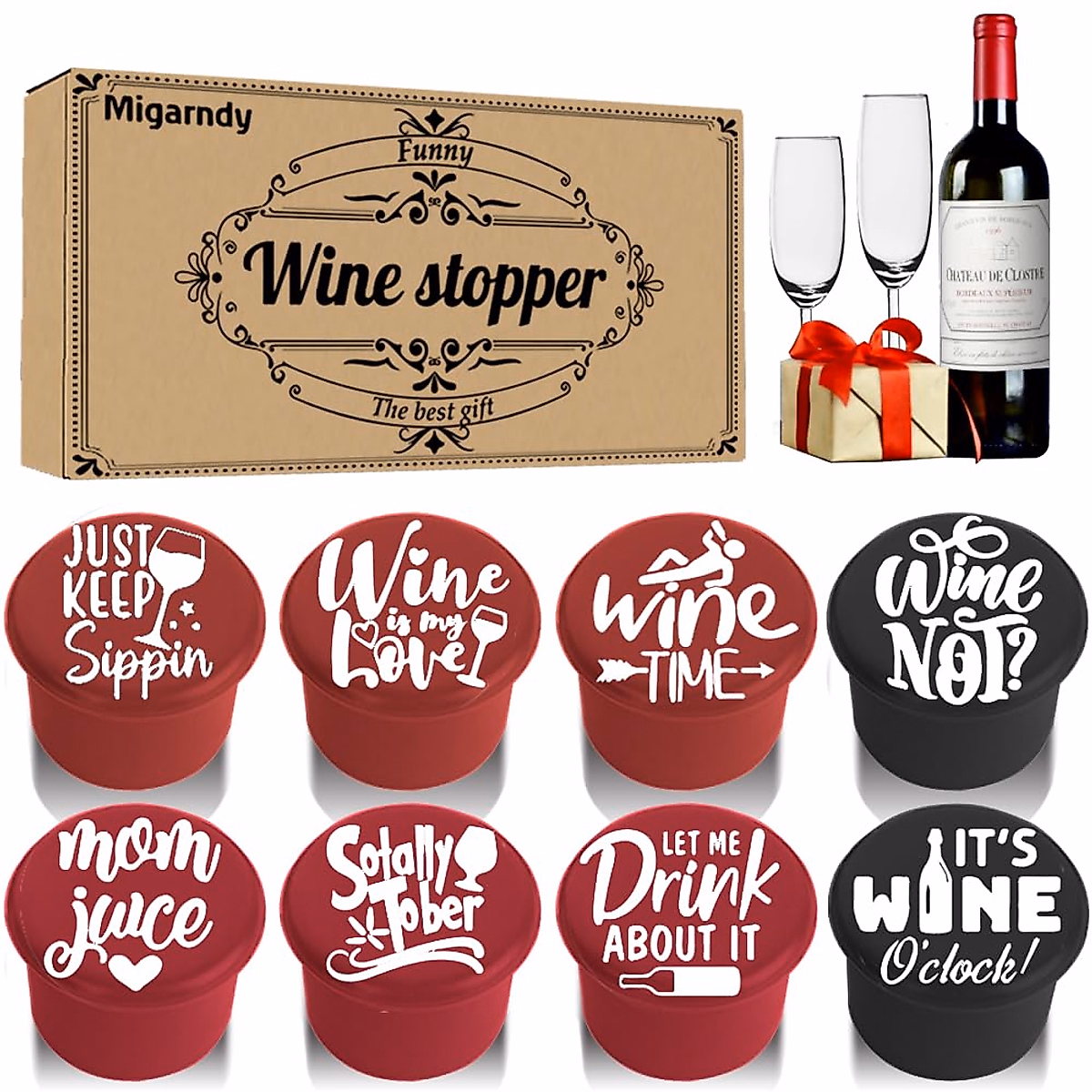 8 Funny Wine Stoppers - Wine Lover Gifts for Women, Wine Accessories for Wine Lovers, Fun Wine Stoppers Seals Bottle and Keeps Wine Fresh