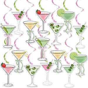 Martini Party Hanging Swirls Decorations, Martini Cocktail Cups Bachelorette Party Supplies, A Tini Bit Older Birthday Party Ceiling Hanging Streamers, Martini Bridal Shower Party, Tini Bar Decor