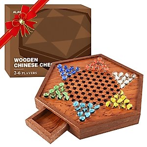 Upgraded Wooden Chinese Checkers with Drawers 12.7 Inches Wooden Board Game Includes 72 Colorful Glass Marbles Easy Grasping for Adults and Kids