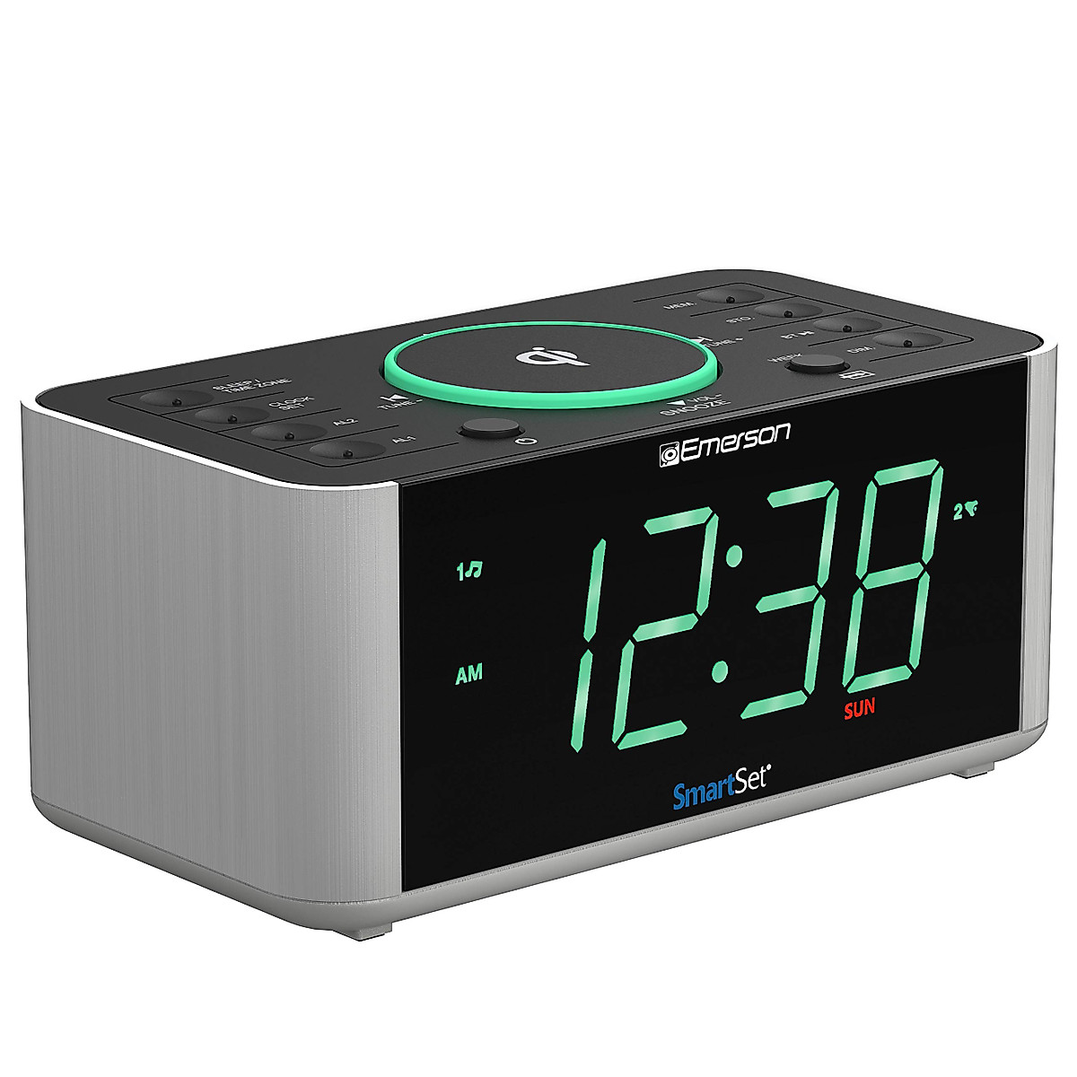 Emerson Smartset Dual Alarm Clock Radio and QI Wireless Phone Charger with Bluetooth, All Qi Compatible Phones, ER100202