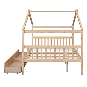 Full Size House Bed with 2 Storage Drawers Wooden Kids Montessori House Bed Frame Wood Playhouse Tent Bed for Girls Boys Teens, Natural