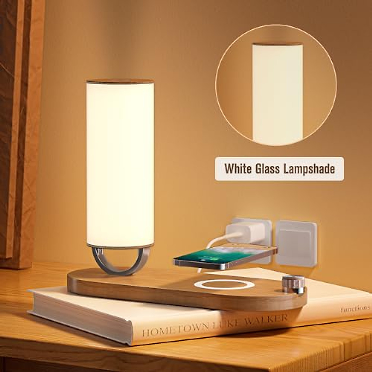 FLYSOFT Small Table Lamp Bedside Lamps for Nightstand Lamp with Wireless Charging, Small Table Lamps for Bedroom and Living Room, Wireless Charging Station Dimmable Lamp