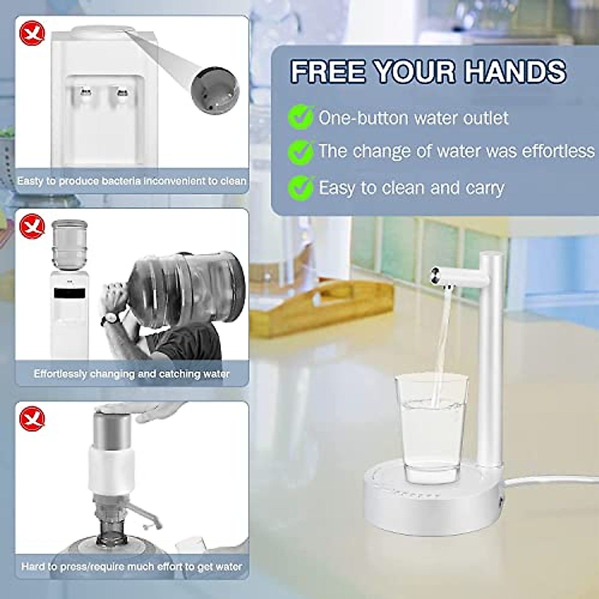 POGAIN Water Dispenser for Desktop, 7 Quantitative Levels Water Pump Mini Tablet Countertop for 1 2 3 4 5-Gallon Bottle (White)