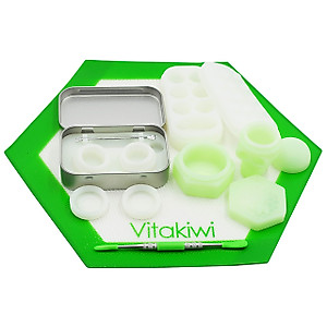 vitakiwi Silicone Wax Container 5ml 26ml 15ml Skull 34ml Multi Compartment Containers + Large Hexagon Mat + Carving Tool + Tin Caryying Box, Glow In The Dark (Green)