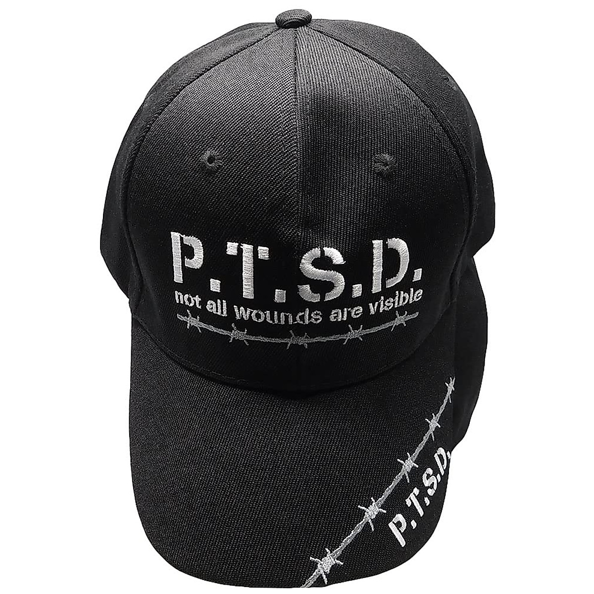 P.T.S.D. Not All Wounds are Visible Black Barb Barbed Wire Acrylic Adjustable Embroidered Cap Hat