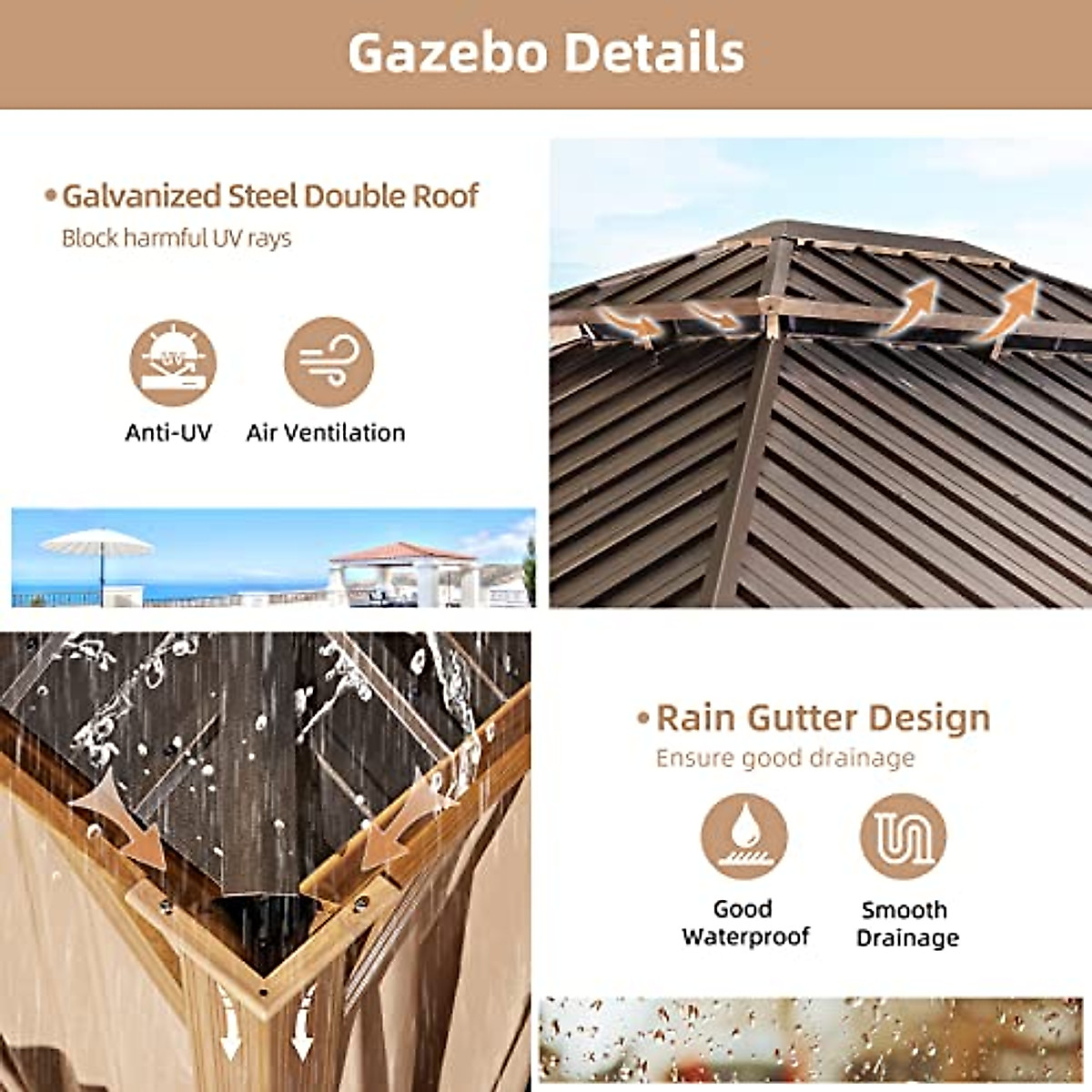 MELLCOM 10' x 12' Hardtop Gazebo, Wooden Finish Coated Aluminum Frame Gazebo with Galvanized Steel Double Roof, Brown Metal Gazebo with Curtains and Nettings for Patio, Lawn & Garden