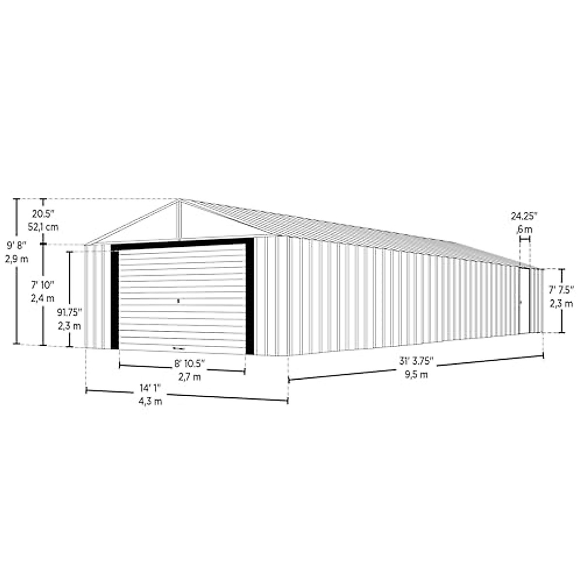 Arrow Shed 14' x 31' Murryhill Garage Galvanized Steel Extra Tall Walls Prefabricated Shed Storage Building, 14' x 31', Flute Gray