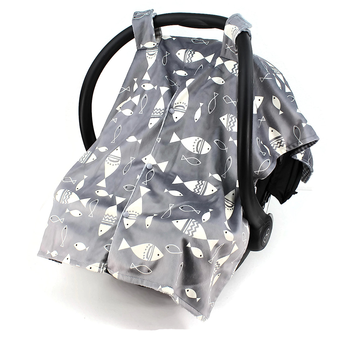 Dear Baby Gear Deluxe Reversible Car Seat Canopy, Custom Minky Print, Fish on Grey/Grey Tan Plaid