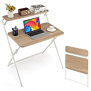 Tangkula 2-Tier Folding Desk w/Large Desktop & Top Shelf, No-Assembly-Required Laptop Table, Modern Computer Desk w/Metal Frame, Space-Saving Home Office Desk for Dorm, Apartment (Oak)