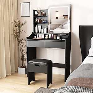 Vabches Vanity Desk with LED Light Mirror and Charging Station, Small Cute Vanity Set with 4 Storage Shelves 2 Drawers, Vanity for Girls Women with Storage Stool, Vanity Table for Bedroom (Black)