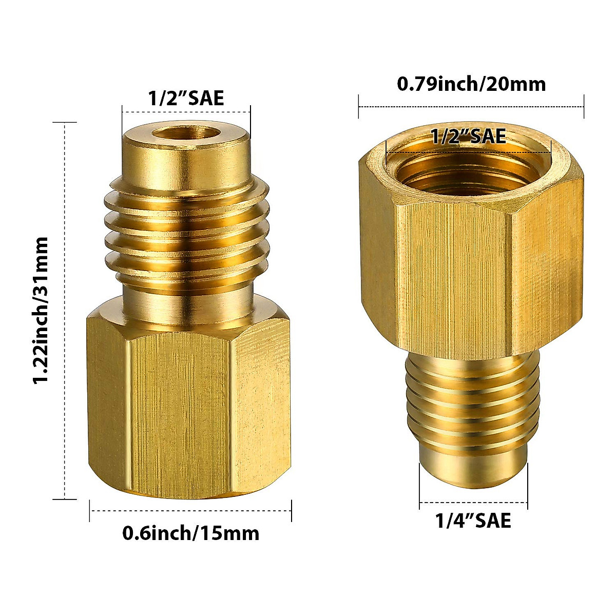 4 Pieces 6015 R134A Brass Refrigerant Tank Adapter to R12 Fitting Adapter 1/2 Female to 1/4 Male Flare Adaptor Valve Core and 6014 Vacuum Pump Adapter 1/4 Inch Flare Female to 1/2 Inch Male