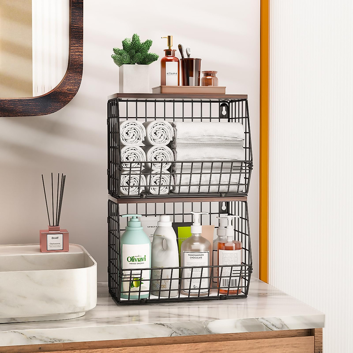 2 Tier Fruit Bowl Fruit Basket for Kitchen Counter Stackable Wall Mounted Hanging Basket Wire Baskets with Wood Lid with 4 Banana Hanger Hooks, Onion Basket, Fruit and Vegetable Storage