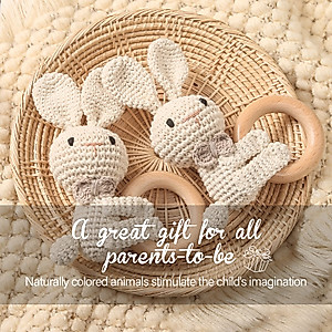 WOODEN TEETHER Crochet Baby Rattle, Crochet Baby Toys, Organic Wooden Newborn Toys, Newborn Animal Rattle Toys，Knitted Stuffed Animals Gifts for Baby, Orange Fox