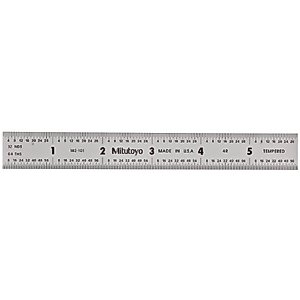 Mitutoyo 182-101, Steel Rule, 6" (4R), (1/8, 1/16, 1/32, 1/64"), 3/64" Thick X 3/4" Wide, Satin Chrome Finish Tempered Stainless Steel