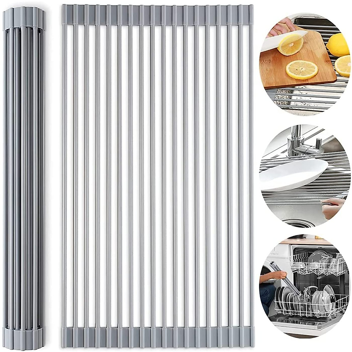 Roll Up Dish Drying Rack（17 x 13 inches） Multipurpose Roll-Up Dish Drying Rack , Non-Slip, Heat Resistant，Gray