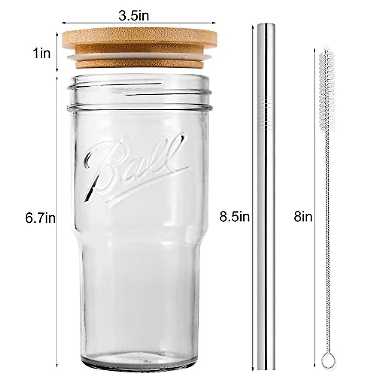 4Pack Glass Tumbler Cups with Bamboo Lids and Straws, 22oz Iced Coffee Cups-Reusable Mason Jar Drinking Glasses for Bubble Tea, Beer, Smoothie