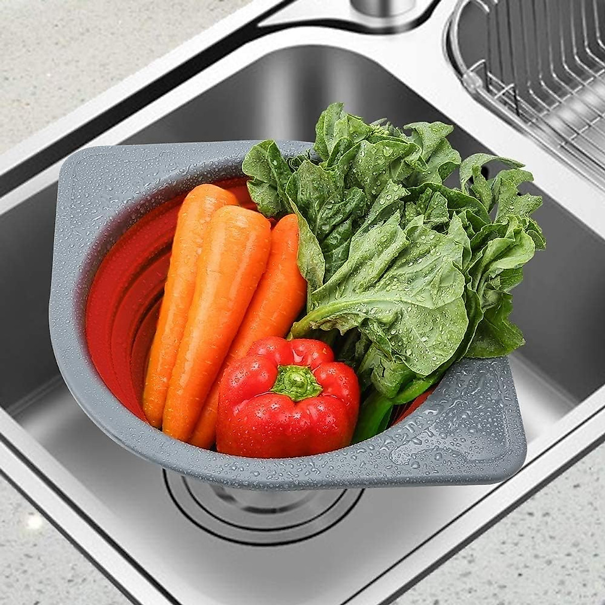 3-in-1 TRENDING XL Large Collapsible STANDING Silicone Colander | 5-Quart | Dish Washer Safe | Foldable Strainer | Wash Fruits & Vegetables | Drain Pasta Beans Food | Heat Resistant FOOD GRADE (Red)