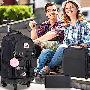 CCJPX Rolling Backpack for Girls Women, 21 inch Roller Wheels School Bookbag, Wheeled Suitcase Backpacks with Lunch Bag for Teen - Black