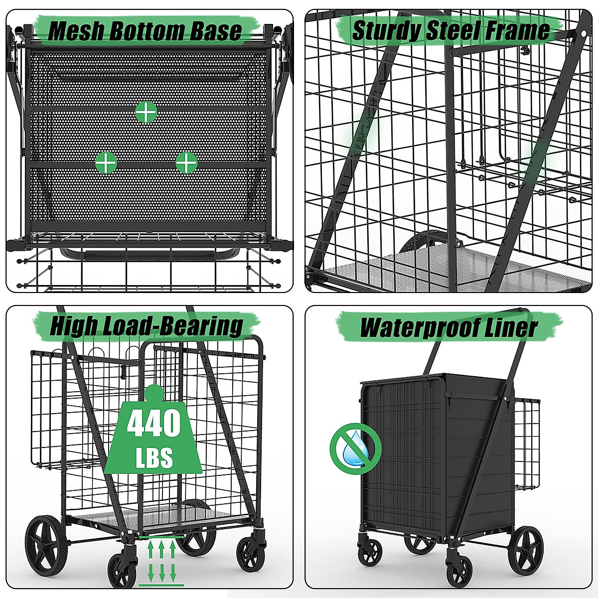 Jumbo Shopping Cart for Groceries, 30.7 Gallons Folding Grocery Cart with Waterproof Bag, 360° Swivel Wheels & Double Basket, Portable Heavy Duty Utility Cart for Shopping/Laundry-Hold Up to 440 LBS