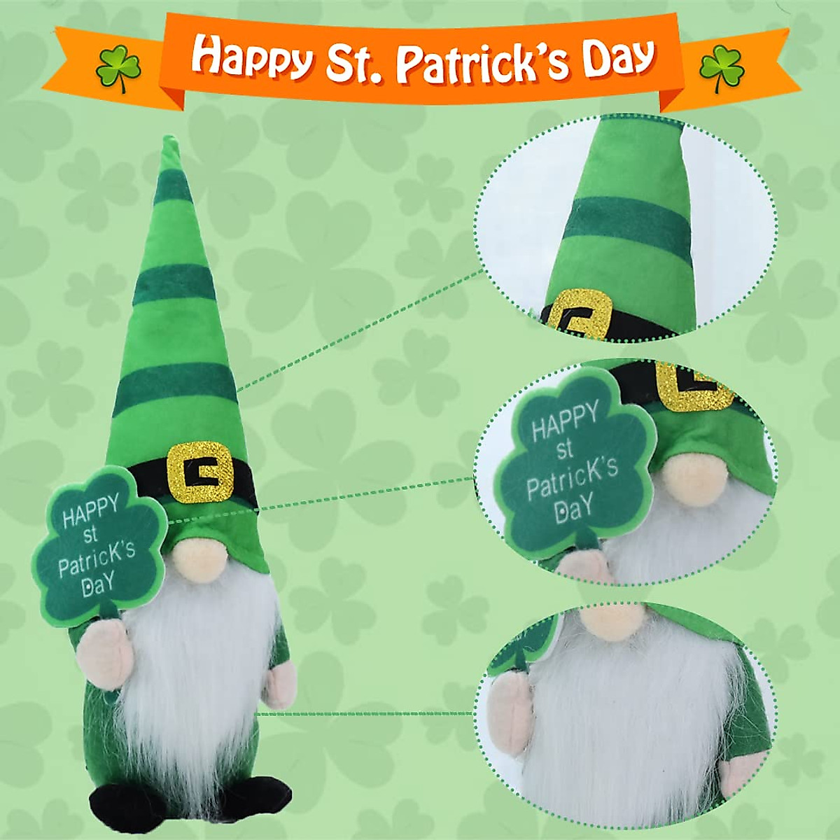 2packs St. Patrick's Day Gnome Decorations, Handmade Standing Tomte Gnome Plush Decor for Gift,Green Shamrock Irish Gnome Elf Scandinavian Ornaments, Patrick's Day Home Decor, Party Supplies Gift