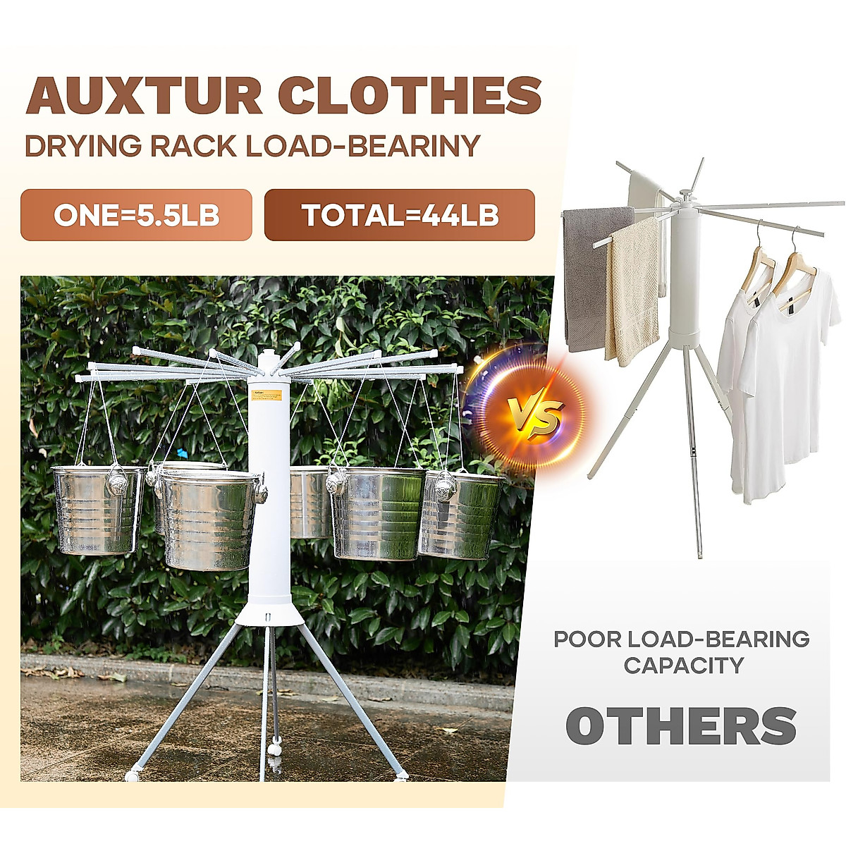 AUXTUR Clothes Drying Rack Wheels Foldable with Quadruped Support|Portable Laundry Drying Rack Hanger with Tail & Bottom Pulley - Convenient Storage & Outdoor Laundry Rack for Hanging Clothes