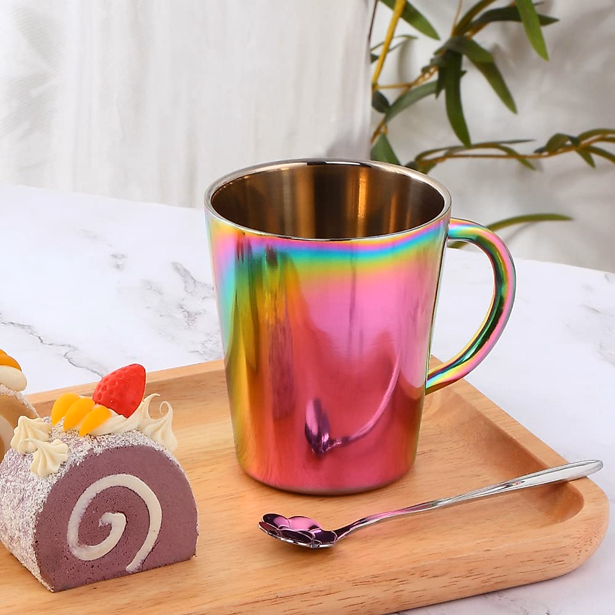 Dinnerware Sets Plates And Bowls Espresso Cups, Stainless Steel Dishes Pasta Bowls Insulated Coffee Mugs Set of 4, 12 Pcs Kitchen Essentials For Home Apartment Wedding Buyer Star, Rainbow