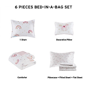 Mi Zone Kids Twin Bed in A Bag for Girls, Unicorn Comforter Set Twin & Sheet, All Season Bedding, Fun & Whimsical Metallic Rainbow Comforter Set Twin, Sham, Throw Pillow, Alicia, Twin, White 6 Piece