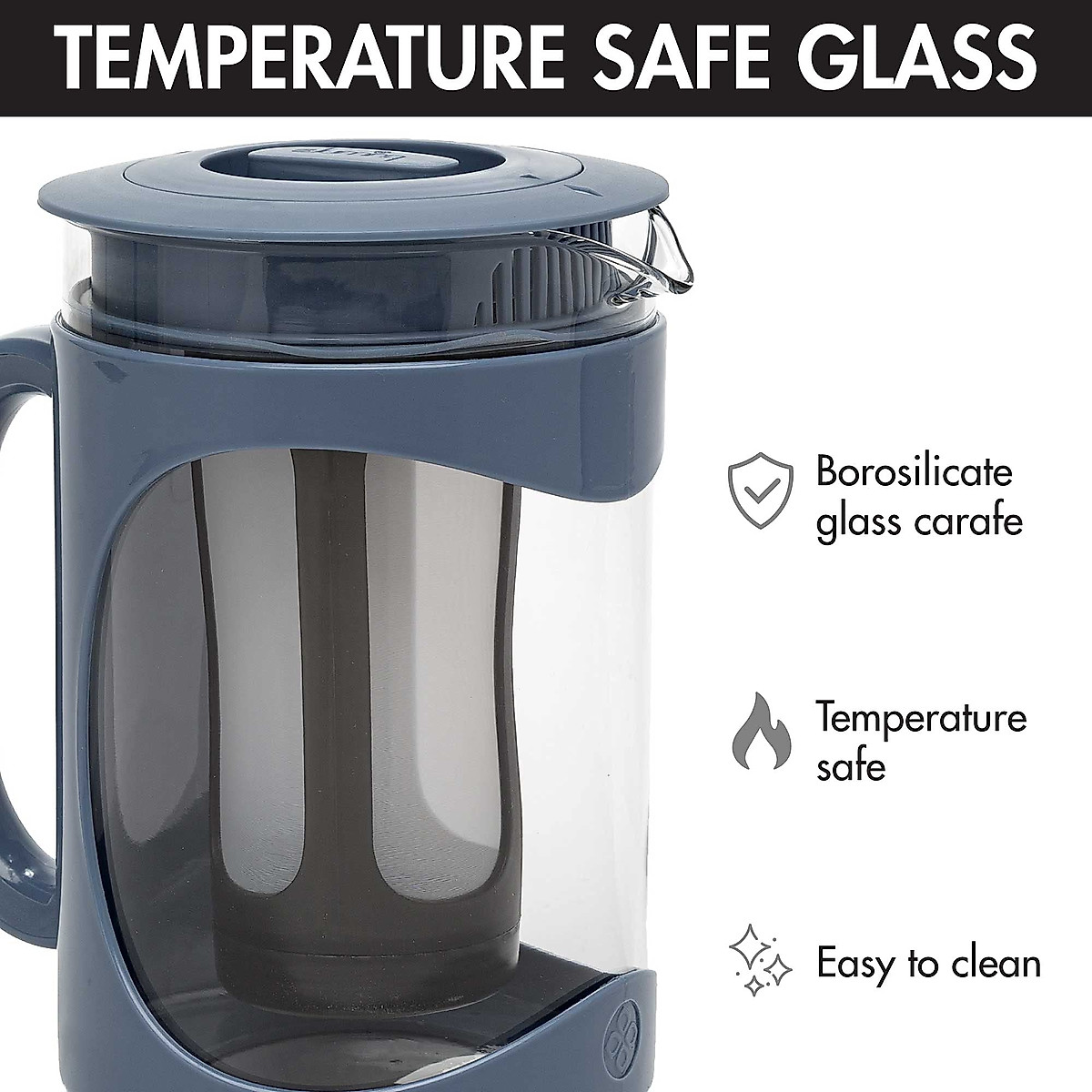 Primula Burke Deluxe Cold Brew Iced Coffee Maker, Comfort Grip Handle, Durable Glass Carafe, Removable Mesh Filter, Perfect 6 Cup Size, Dishwasher Safe, 1.6 qt, Blue