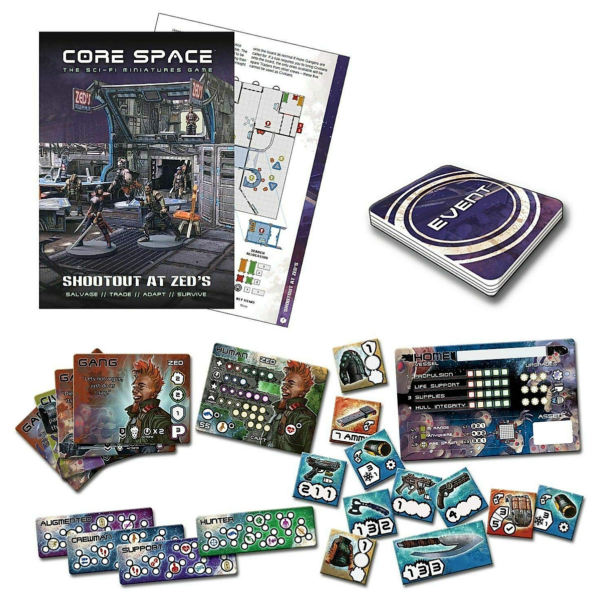 Battle Systems Core Space Shootout at Zed’s Expansion Set - Miniatures - Board Game - Event Cards - Modular 3D Terrain - Wargaming BSGCSE001
