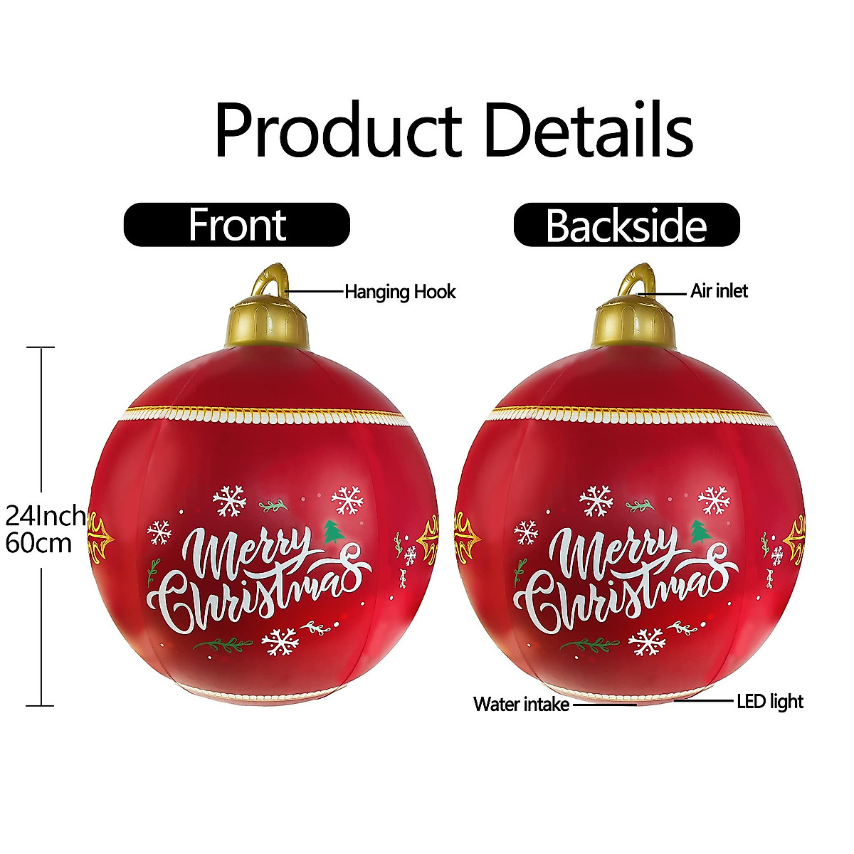 IOKUKI Light Up PVC Inflatable Christmas Ball, 24 Inch Large Outdoor Christmas PVC Inflatable Decorated Ball with Rechargeable LED Light & Remote for Outdoor Yard & Pool Decorations 1 PCS