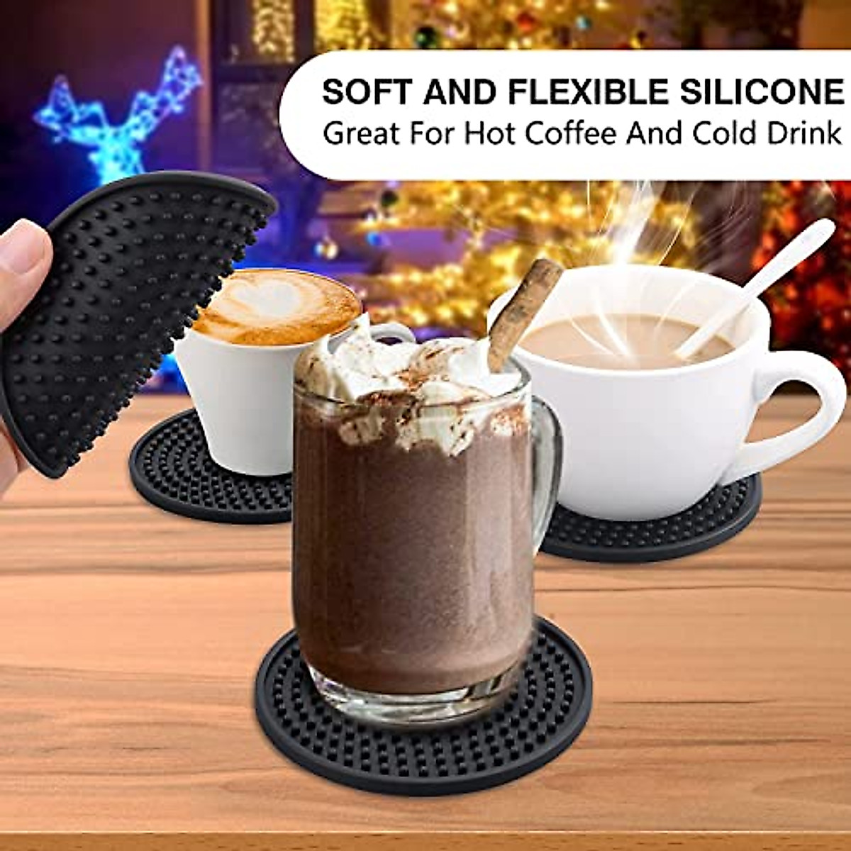 Coasters for Drinks, Silicone Coasters Set of 4, Cup Mat - Deep Grooved - Non-Slip Base & Non-Stick, Heat Resistant Coasters for Prevents Furniture and Tabletop Damages