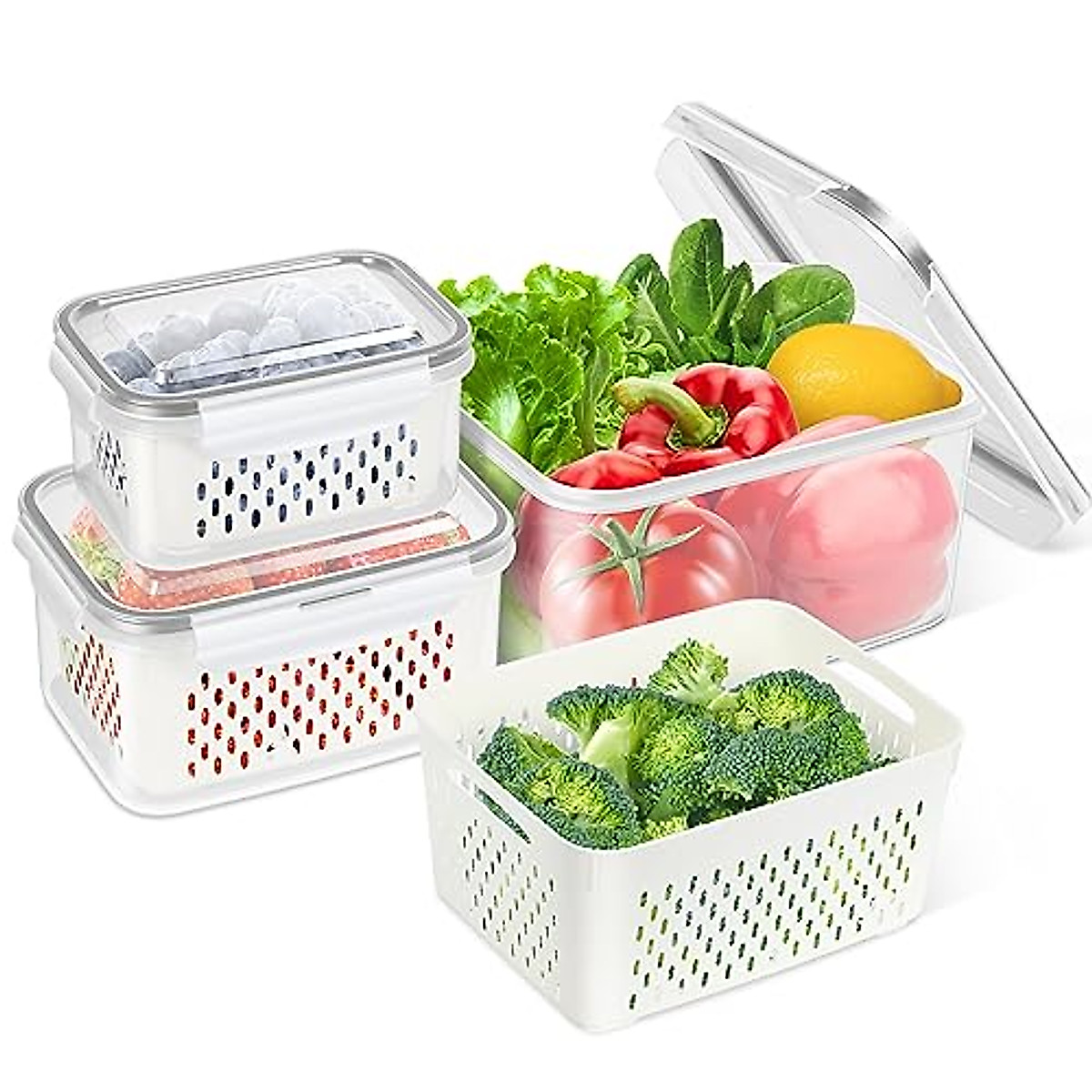 ODOMU 3 Pack Fridge Berry Storage Container with Lids with Strainer, Plastic Fresh Produce Saver Keeper for Vegetable Fruit Meat Lettuce, BPA Free Kitchen Refrigerator Organization (3.15L+1.7L+0.8L)