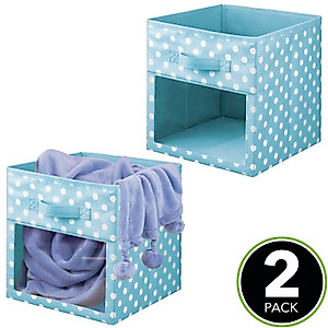 mDesign Fabric Nursery/Playroom Closet Storage Organizer Bin Box, Front Handle/Window for Cube Furniture Shelving Unit, Hold Toys, Clothes, Diapers, Bibs, 2 Pack, Turquoise Blue/White Polka Dot