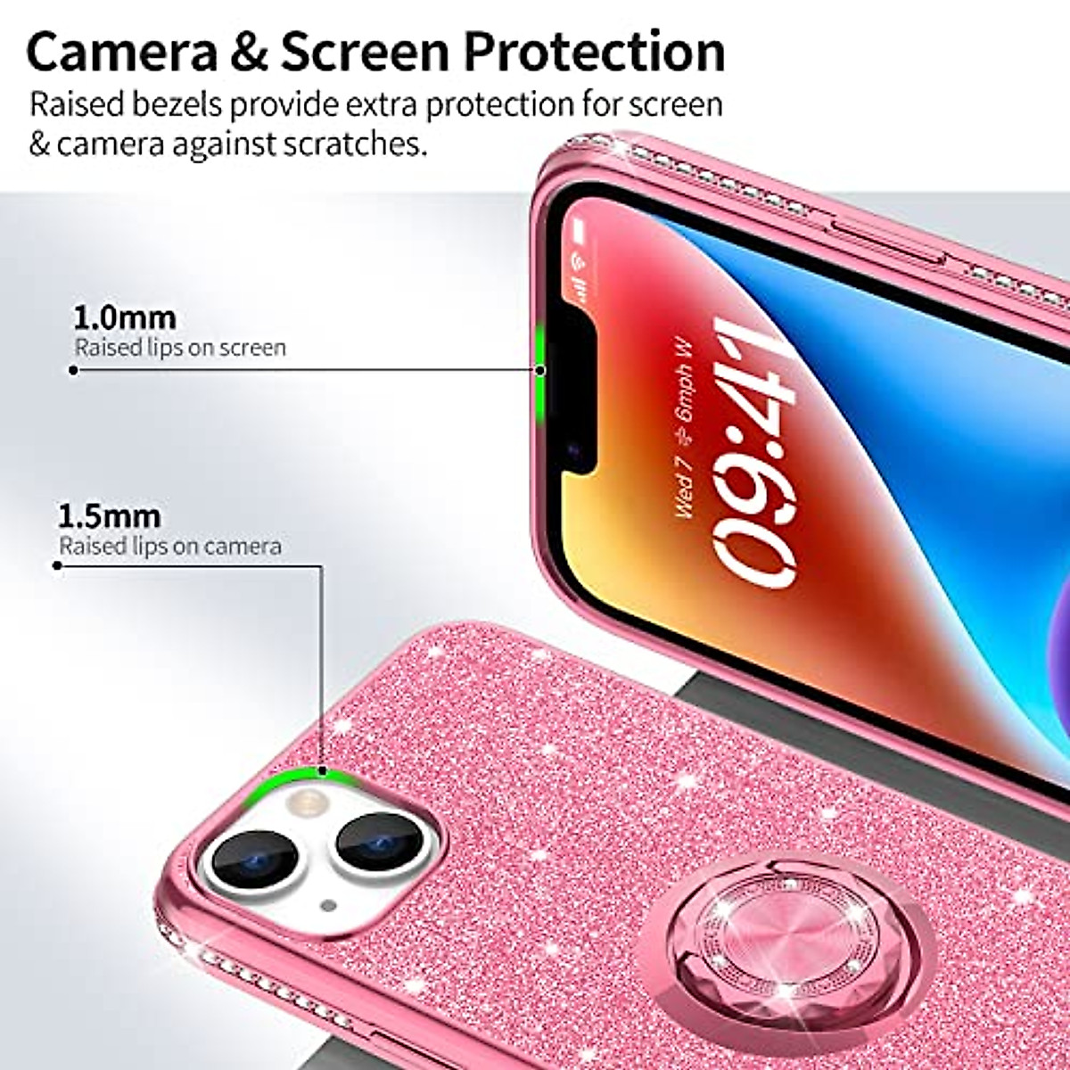 OCYCLONE iPhone 14 (6.1") Glitter Diamond Case with Ring Stand - Pink, Women & Girls